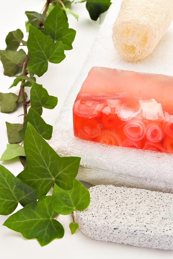 Rose soap with bath items stock image. Image of cosmetics - 2589143