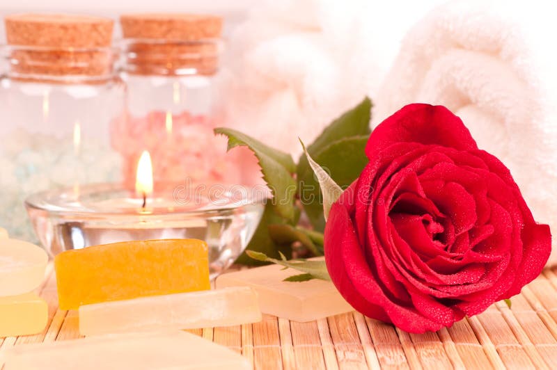 Rose Spa with Bath Salt and Red Rose Close Up Stock Image - Image of ...
