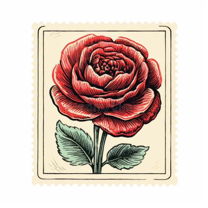 Hand Drawn Red Rose on Vintage Post Stamp - Simple and Colorful ...