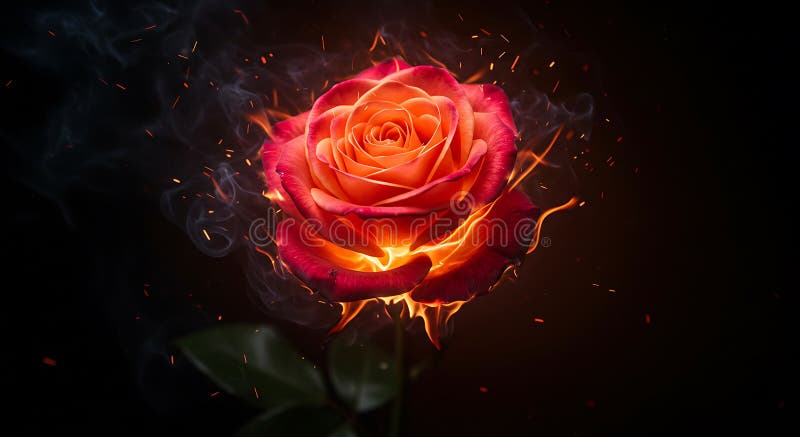 A Rose with Vibrant Red and Orange Petals Appears Engulfed in Flames ...
