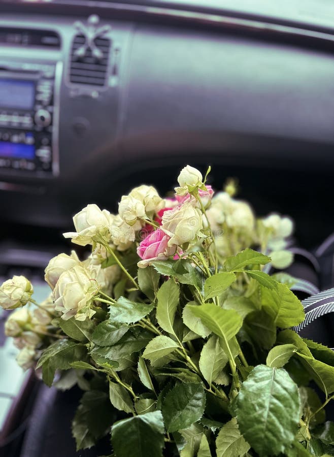 Wedding bouquet in the car stock photo. Image of romantic - 355259196