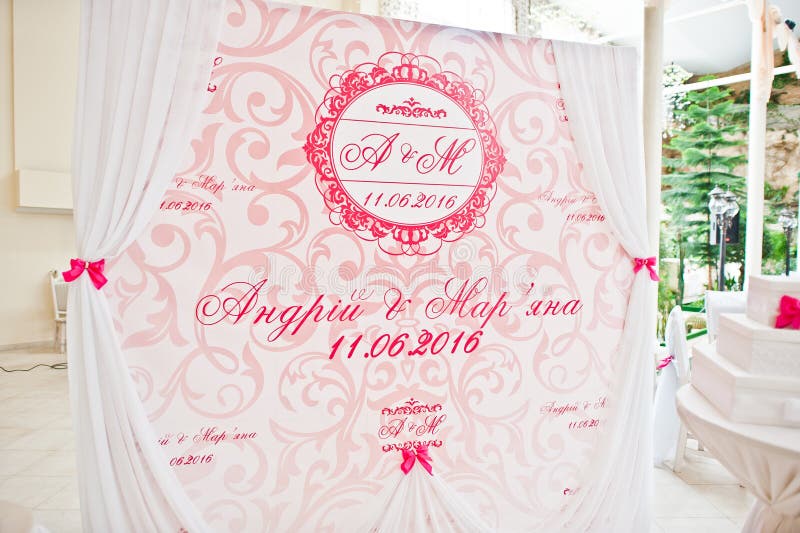 Rose and White Banner Photozone at Wedding Ceremony. Stock Photo ...