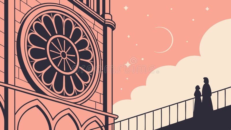 Rose Window View of Gothic Cathedral at Sunset with Figures, Vector ...