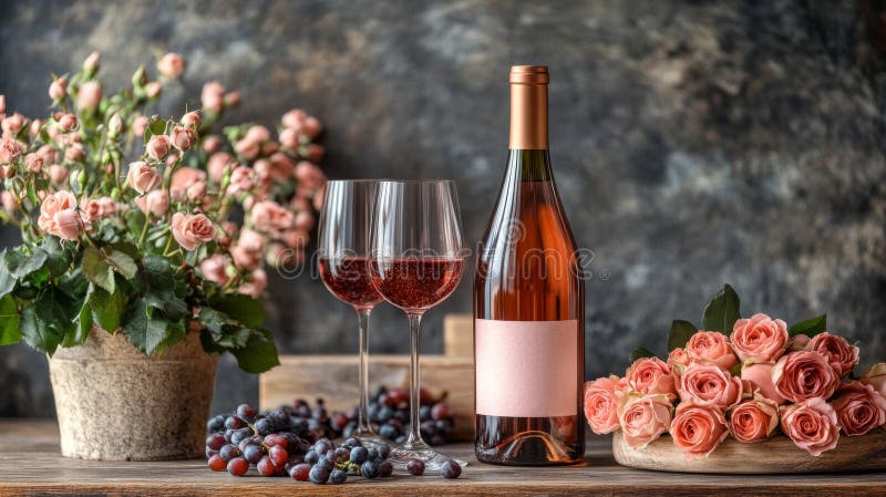 Rose Wine Bottle with Roses and Grapes Stock Illustration ...