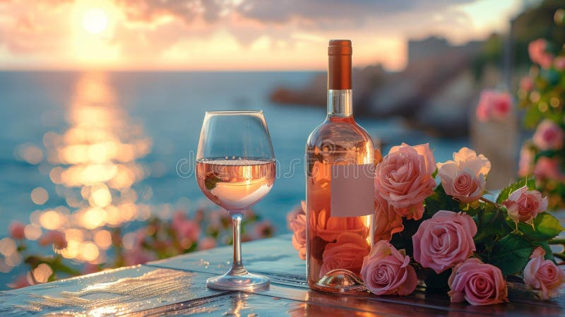 Rose Wine and Flowers by the Ocean at Sunset - Generative Ai Stock ...