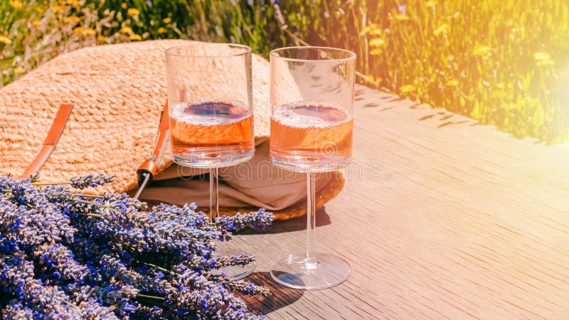 Rose Wine and Lavender, Summer Picnic, Warm Glow Stock Photo - Image of ...