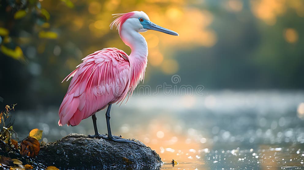 Roseate Spoonbill Standing on Rock at Sunset Stock Illustration ...