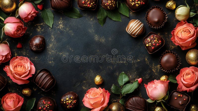 Roses and Assorted Chocolate Candies Arranged Beautifully Stock ...