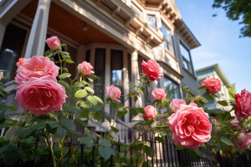 Roses Blooming Outside a House Adorned with Tall Shuttered Windows ...