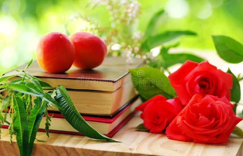 Roses bouquet and books stock image. Image of apricot - 73862629