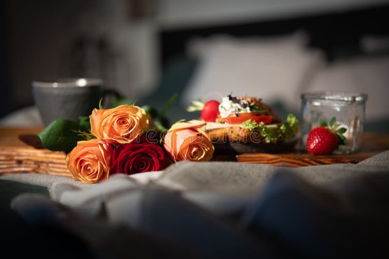 Roses and Candlelight for Breakfast in Bed Stock Image - Image of ...