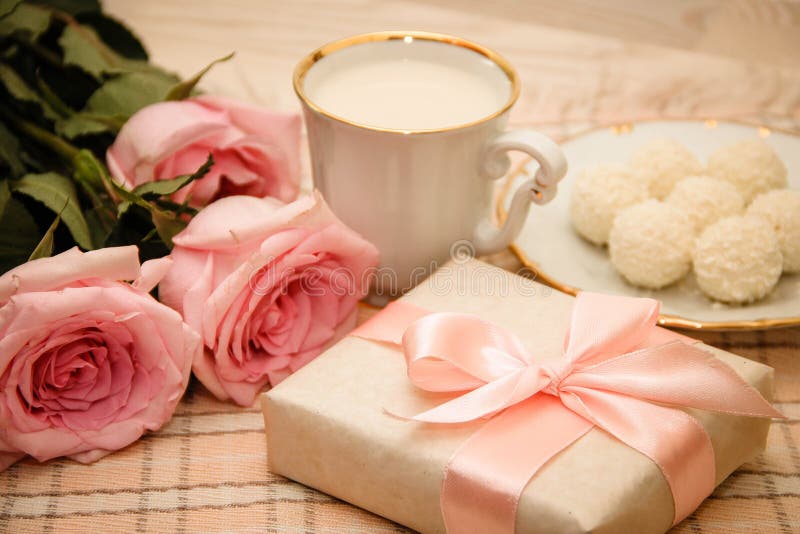 Roses, candy and gift stock image. Image of sweet, birthday - 66780915