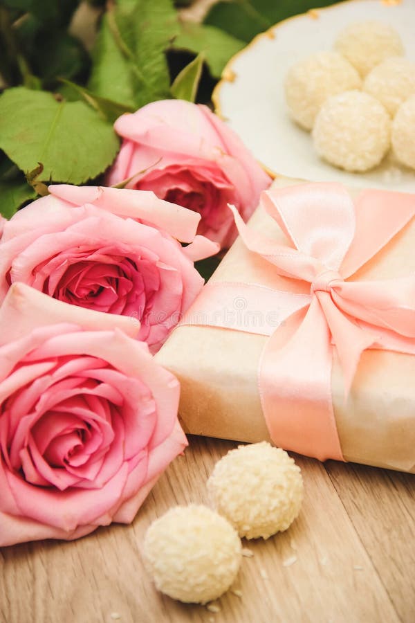 Roses, candy and gift stock image. Image of gift, vintage - 66780921