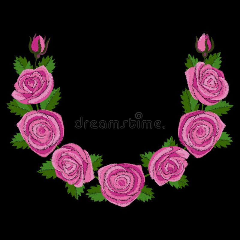 Roses Embroidery Circle Composition Stock Vector - Illustration of ...