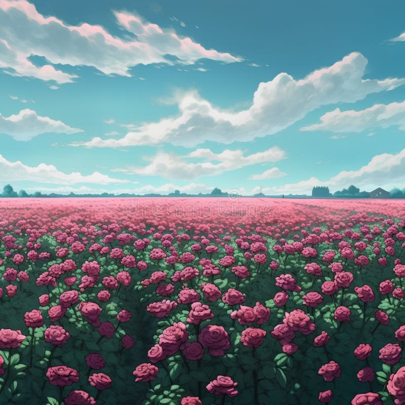 Roses Field with Blue Sky and White Clouds, 3d Render Stock ...