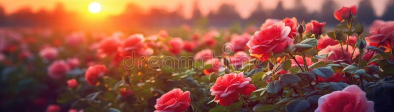 Roses Field Blurred Sunrise Banner Background. Generative AI Stock ...