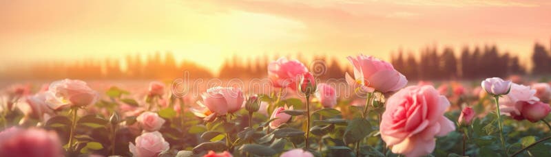 Roses Field Blurred Sunrise Banner Background. Generative AI Stock ...