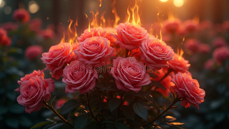 Roses with Flame Colored Petals Illuminating the Ground Stock ...