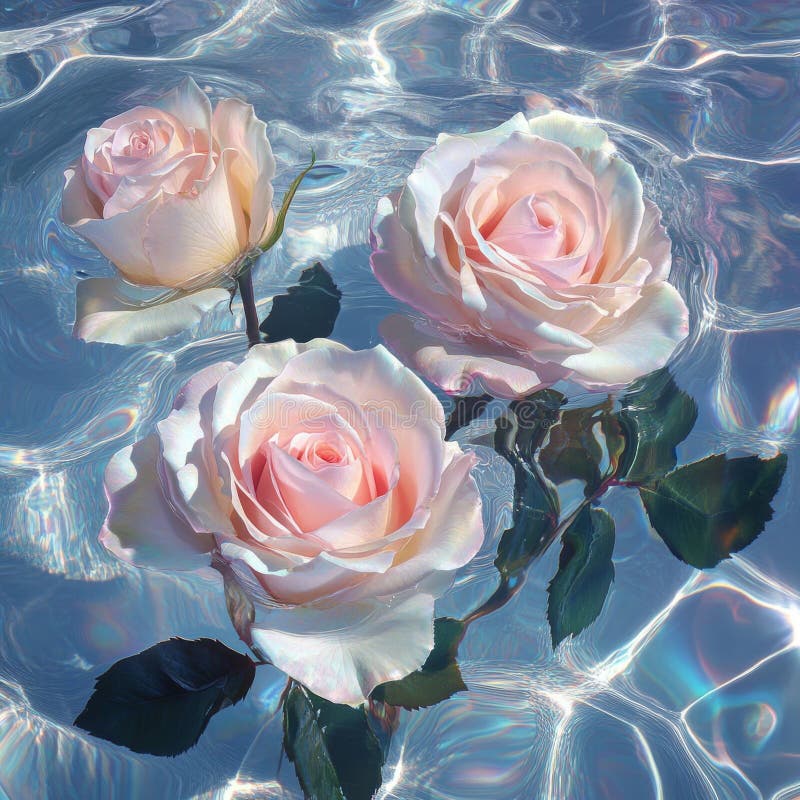 Roses Floating on a Pool of Water, Pink and White Flowers, Light Blue ...