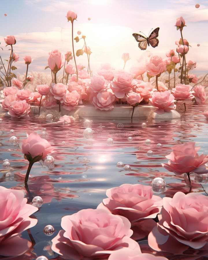 Roses Floating on the Surface of the Water at the Edge of the Castle ...