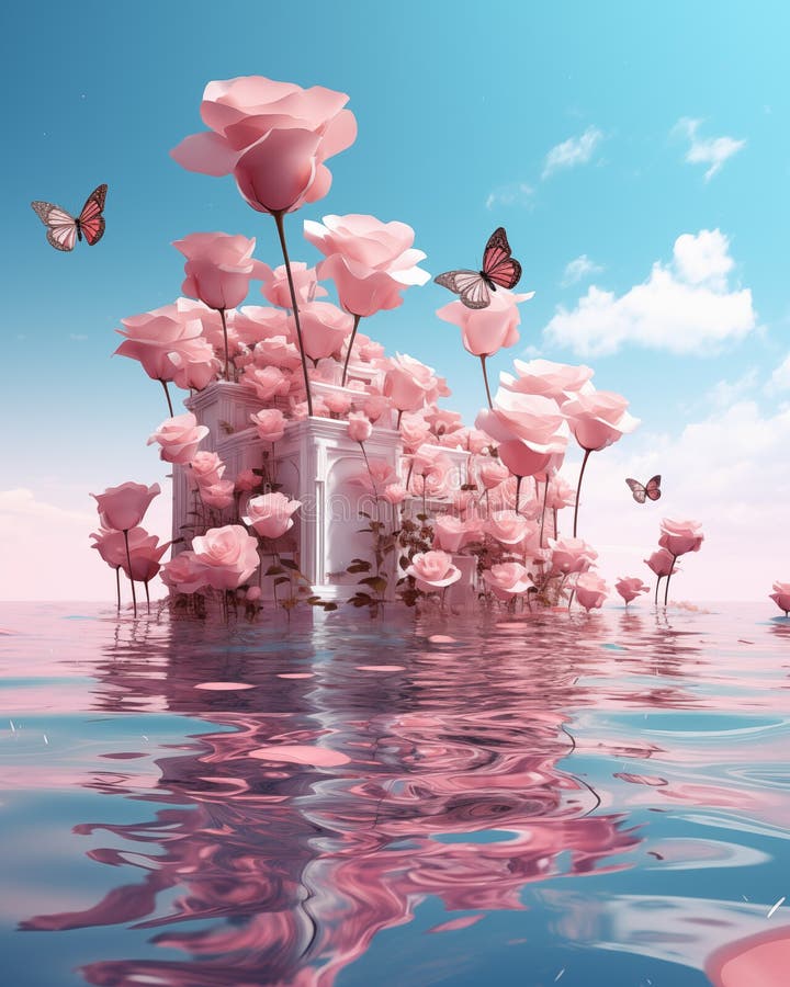 Roses Floating on the Surface of the Water at the Edge of the Castle ...