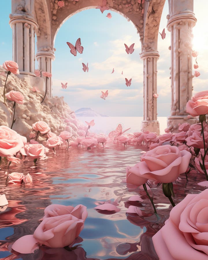 Roses Floating on the Surface of the Water at the Edge of the Castle ...