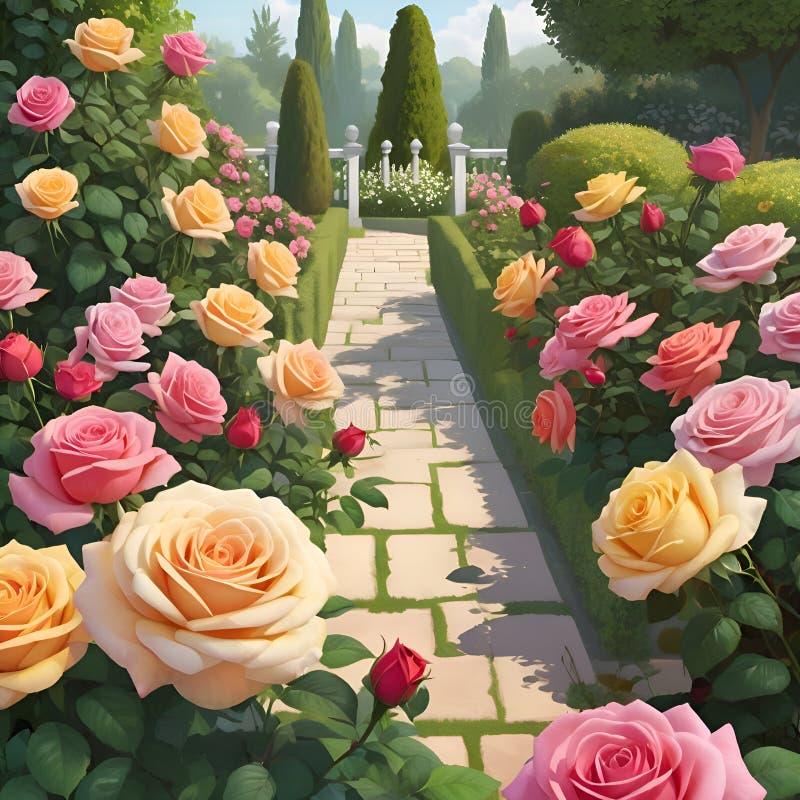Roses in Garden with Walkway Stock Image - Image of nature, beauty ...