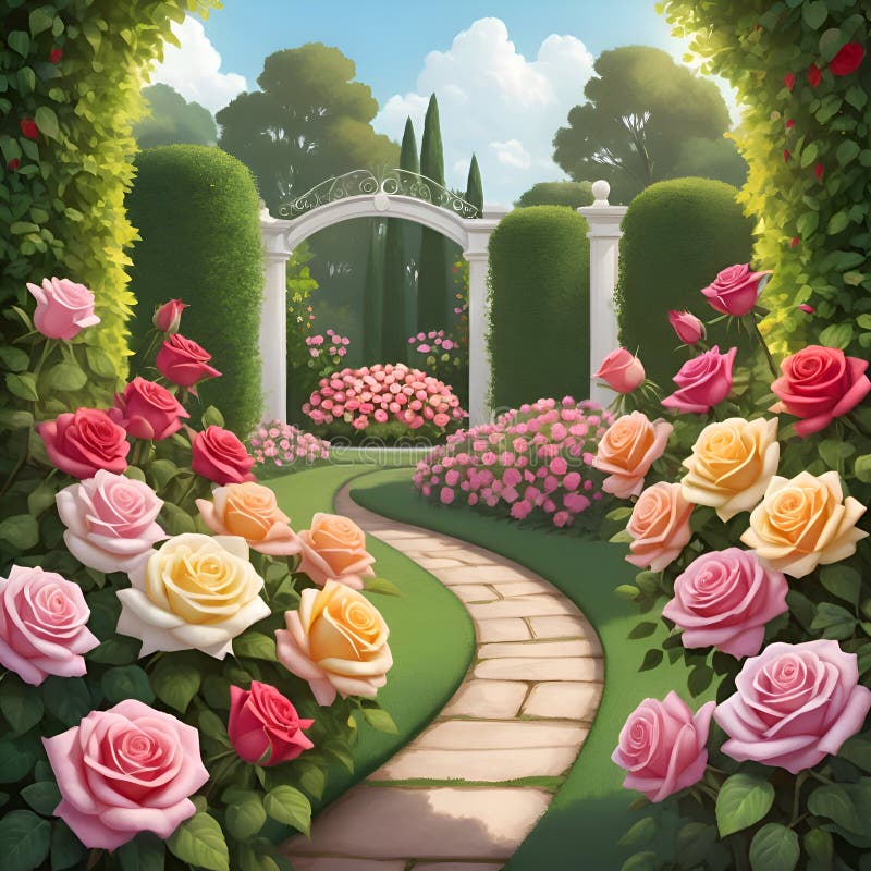 Roses in Garden with Walkway Stock Photo - Image of bouquet, fragrance ...