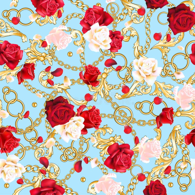 Roses with Gold Chains on Blue Stock Vector - Illustration of ornament ...