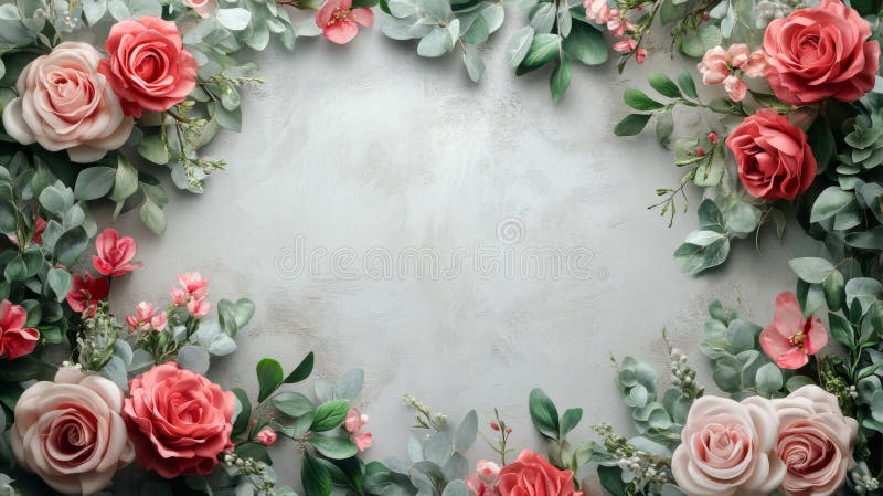 Roses and Greenery Frame a Light Gray Background Stock Illustration ...
