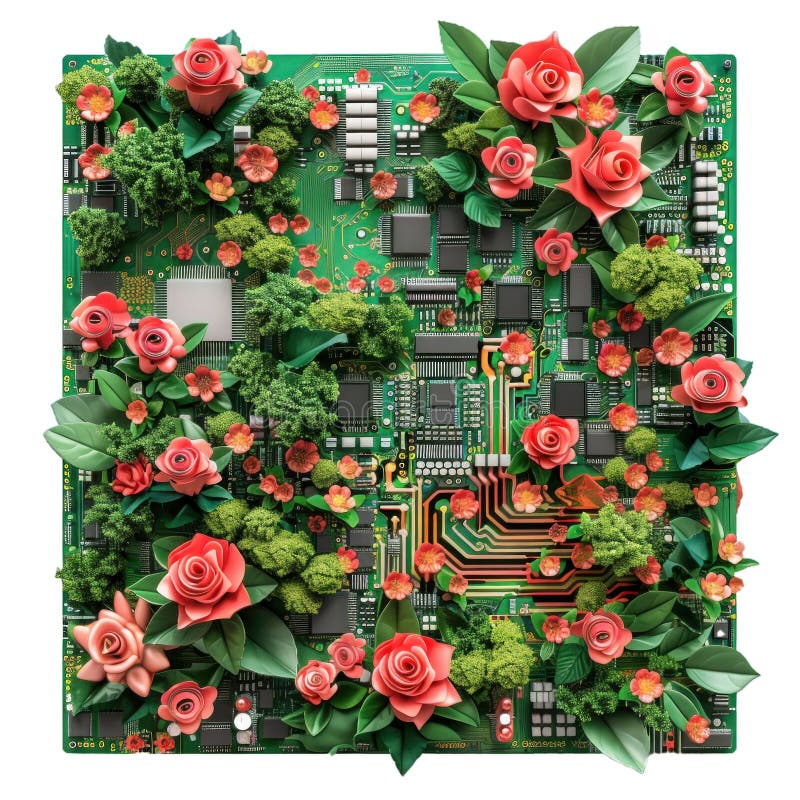 Beautiful Roses Growing from Green Computer Motherboard Stock ...