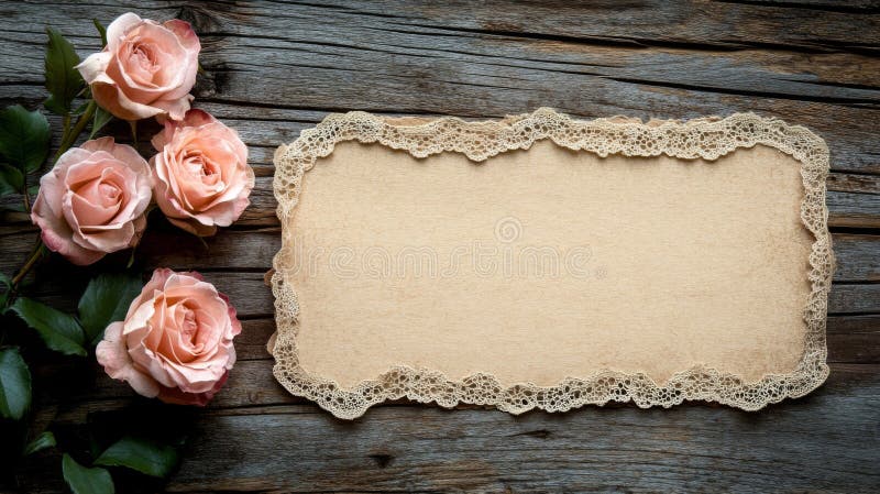 Roses Lace and Vintage Paper on Rustic Wood Stock Illustration ...