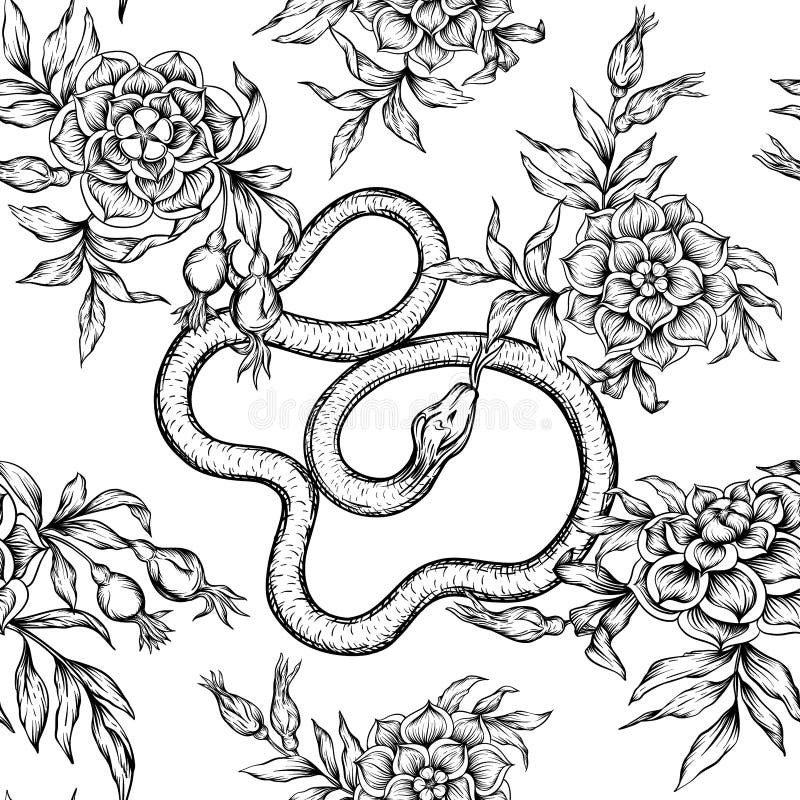 Roses and Snake. Seamless Pattern Stock Vector - Illustration of ...