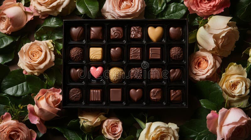 Roses Surround a Box of Assorted Chocolates Stock Illustration ...