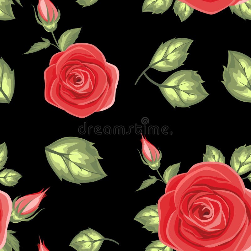 Roses Vector with Seamless Pattern on a Black Color Background Stock ...