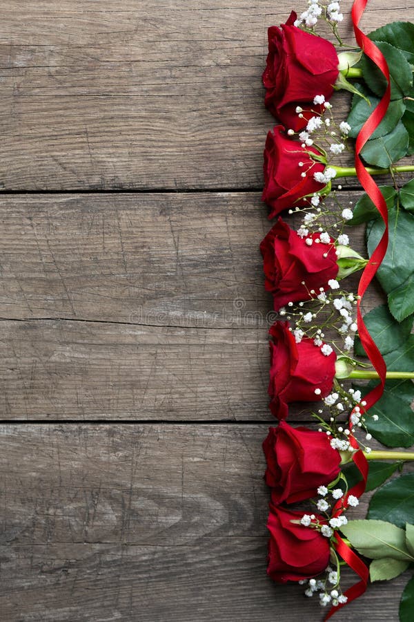 Roses on Wooden Board, Background, Copy Space Stock Photo - Image of ...