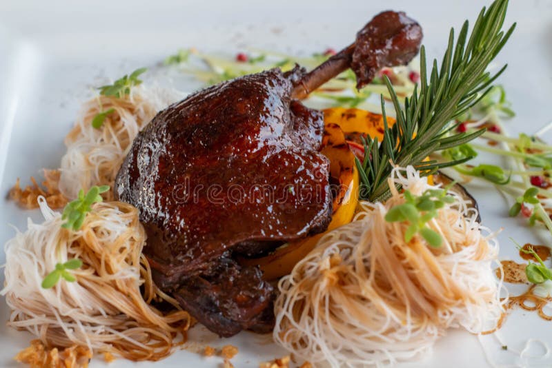 Rosted Duck Steak on White Plate Stock Photo - Image of food, beef ...