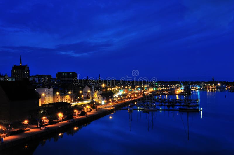 Rostock harbor at night stock image. Image of blue, city - 16321511