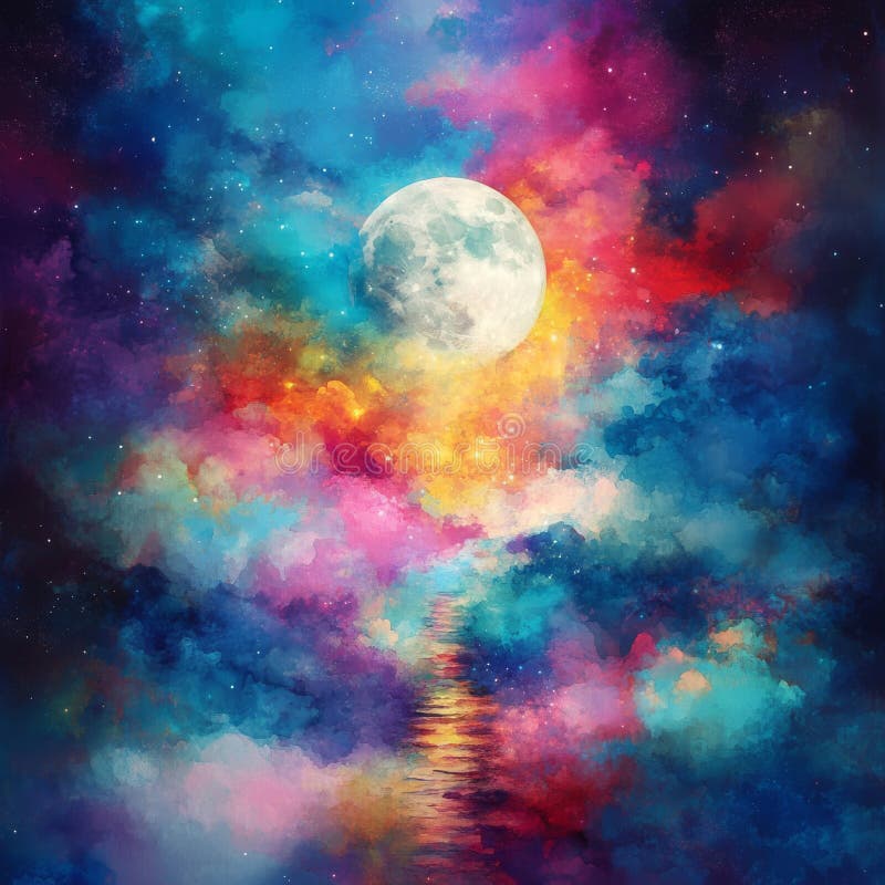 A Rosy Moon Illuminating a Heavenly Path Amidst Ethereal Clouds Stock ...