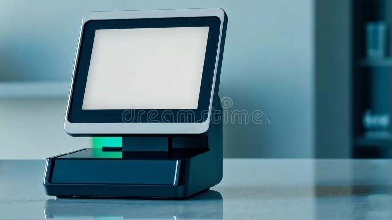 Rotating Black Pos Terminal Displaying a Blank Screen on a Reception ...