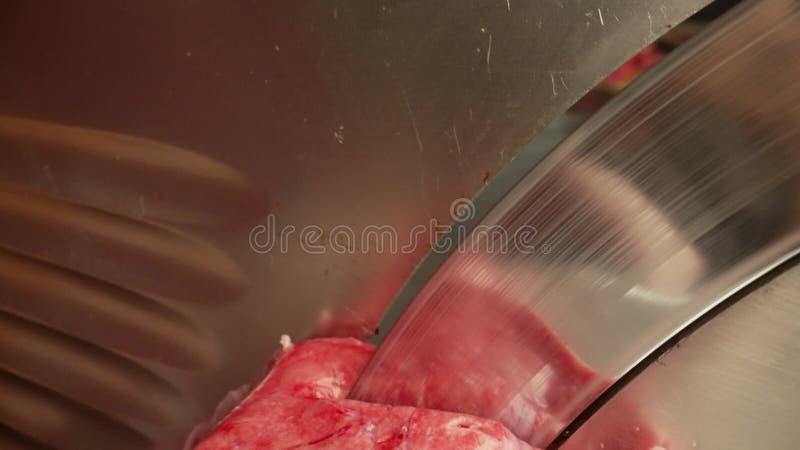 Rotating Blade Slicing through Fresh Red Meat Stock Video - Video of ...