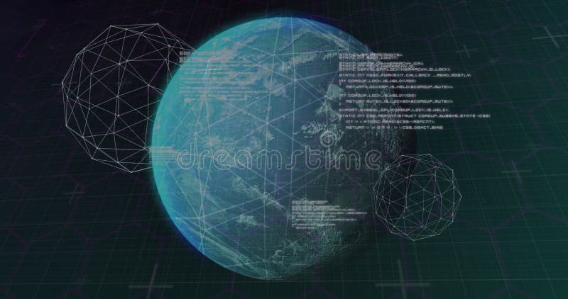 Rotating Blue-green Earth Globe at Green Grid Plane, with Wireframe Spheres and Code-text Blocks ...