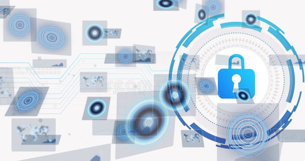 Rotating Blue Padlock Icon Circulating within Cybersecurity Interface ...