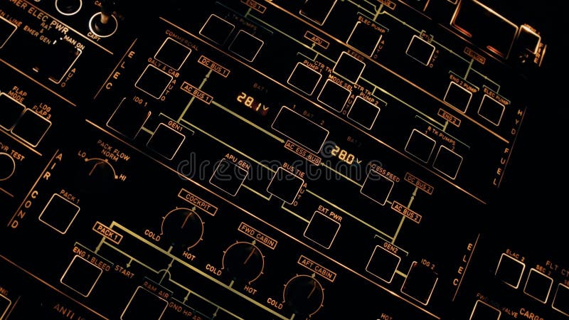 Rotating Close Shot of Powered on Overhead Panel of Modern Aircraft ...
