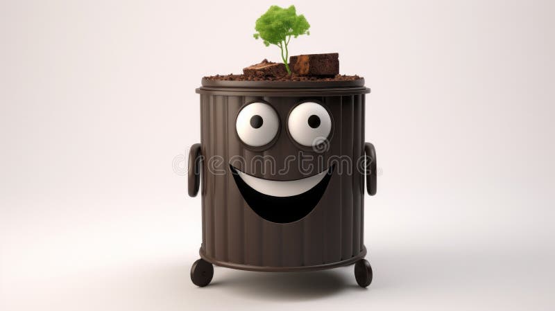 Rotating Compost Bin: Smiley Face Trash Can with Sprouted Plants Stock ...