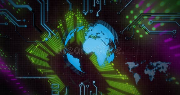 Rotating 3D Digital Globe Over Dark Grid, with Circuit Traces, Data ...