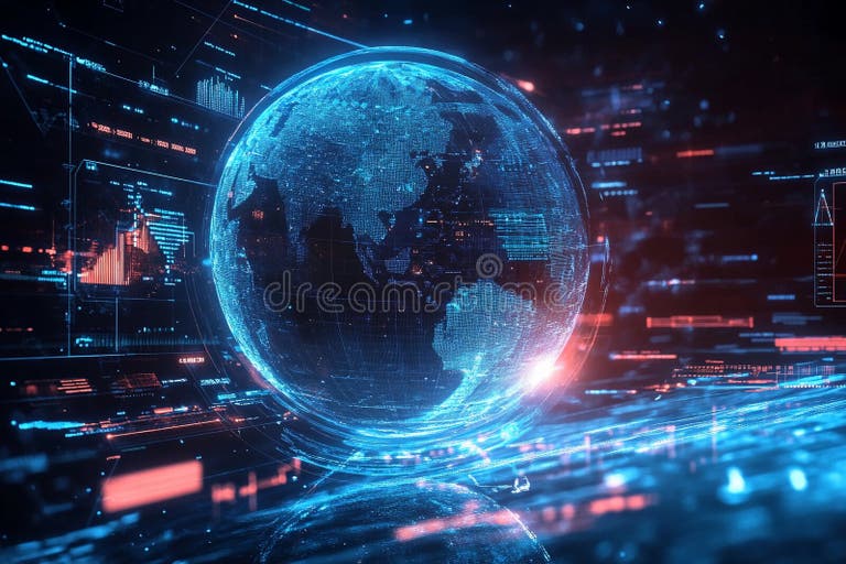 Rotating 3D Globe in Digital Interface Showcasing Real-time Data and ...