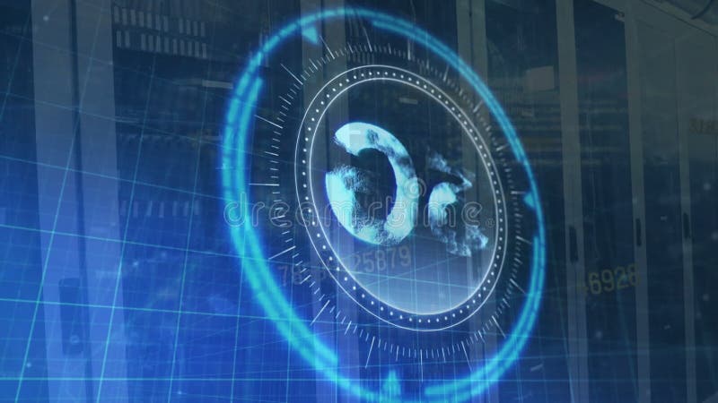 Rotating Digital Globe with Data Icons Animation Over Cityscape ...