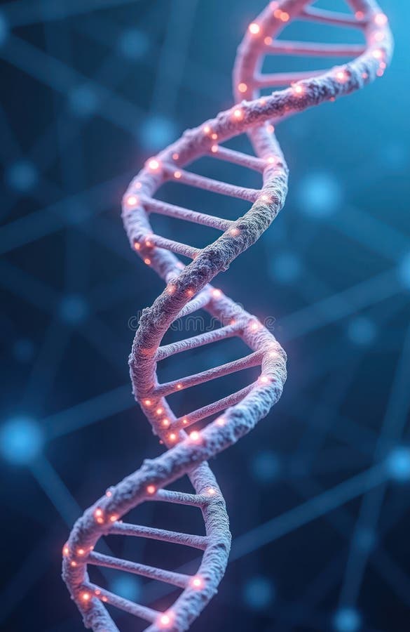 Rotating Dna Helix Structure Glows with Bright Lights. Abstract Network ...