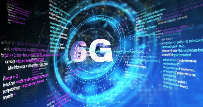 Rotating 5G Label with Wireframe Globe Moving through Digital Space ...